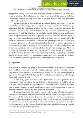 A STUDY ON THE RELATION BETWEEN THE VALUE BEHAVIOUR AND PROBLEM SOLVING ...