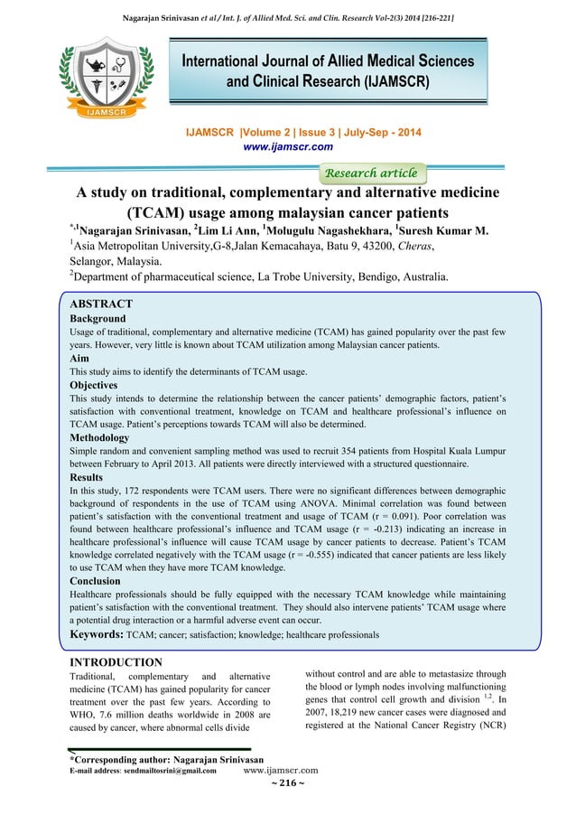 A study on traditional, complementary and alternative medicine (tcam) usage among malaysian ...