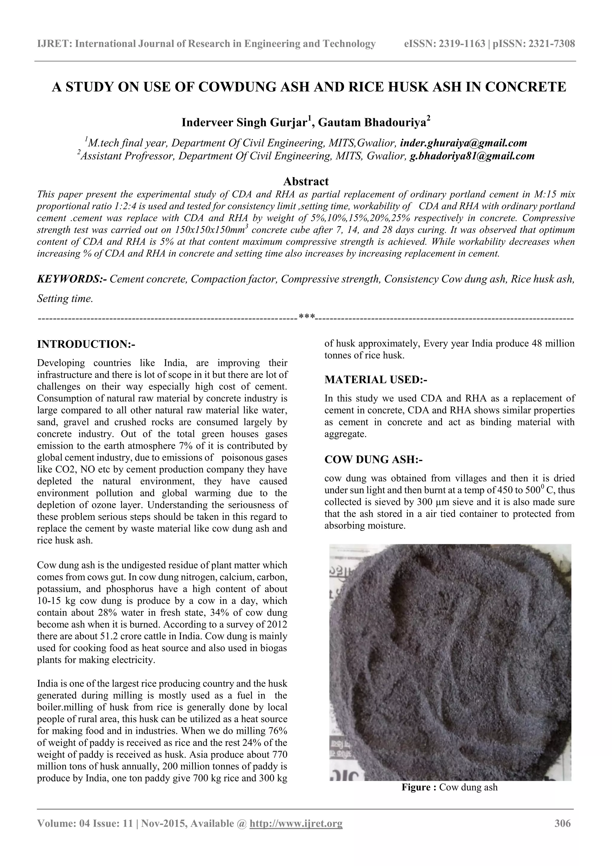 A study on use of cowdung ash and rice husk ash in concrete | PDF