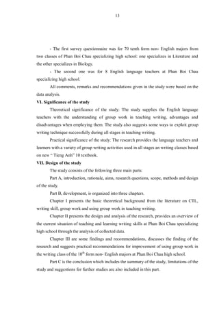 A study on using group writing to improve writing skills for 10th form non-English major at Phan ...