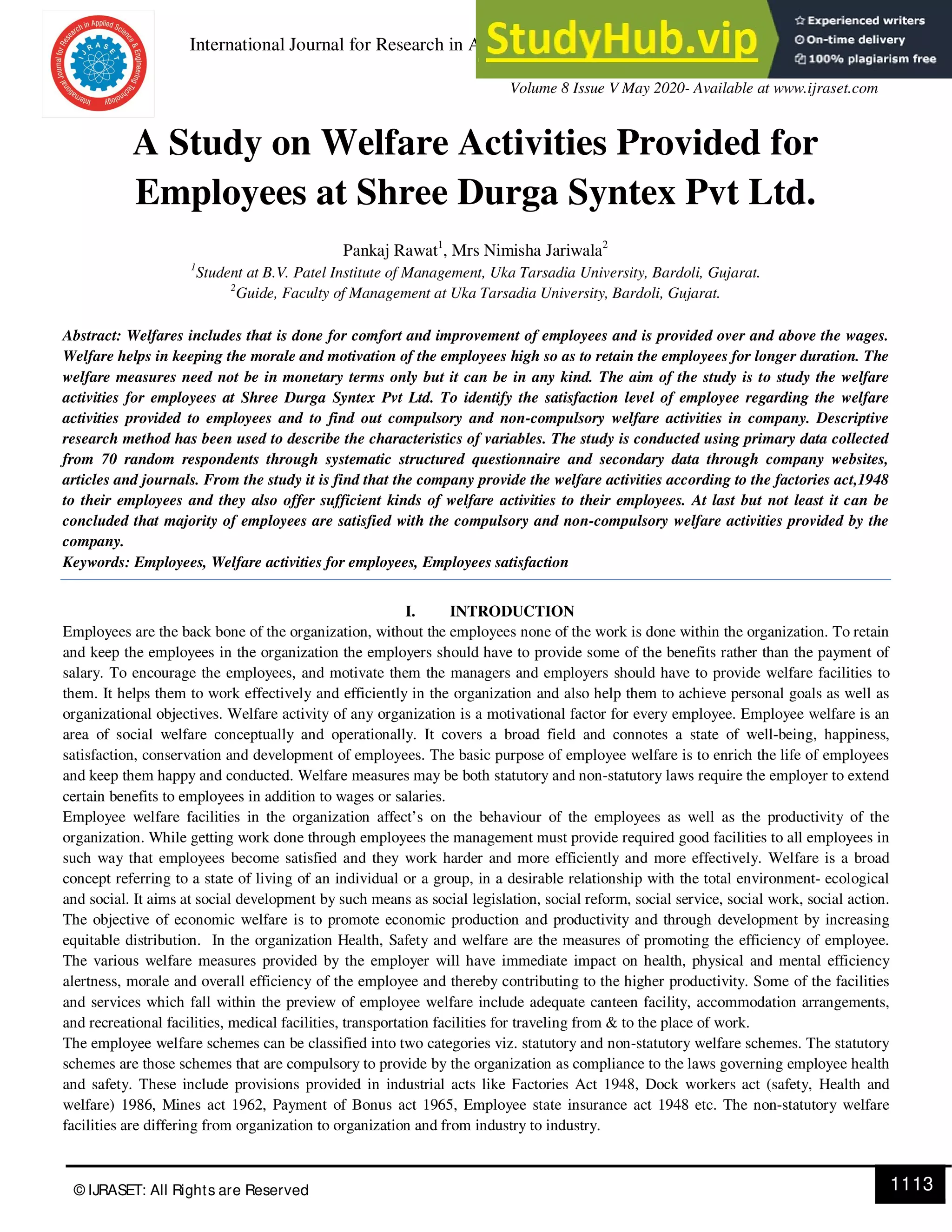 A Study On Welfare Activities Provided For Employees At Shree Durga Syntex Pvt Ltd | PDF