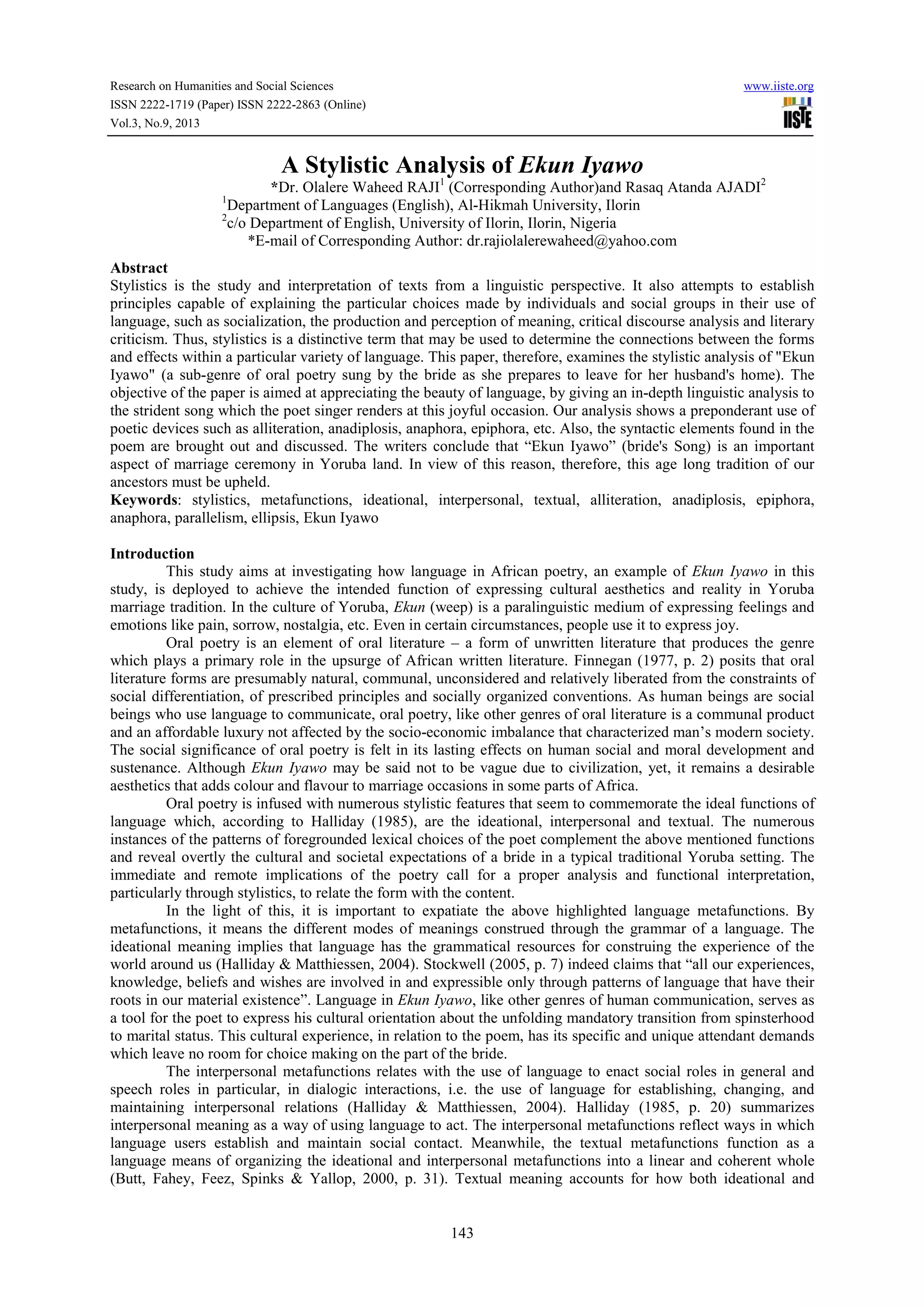 A stylistic analysis of ekun iyawo | PDF