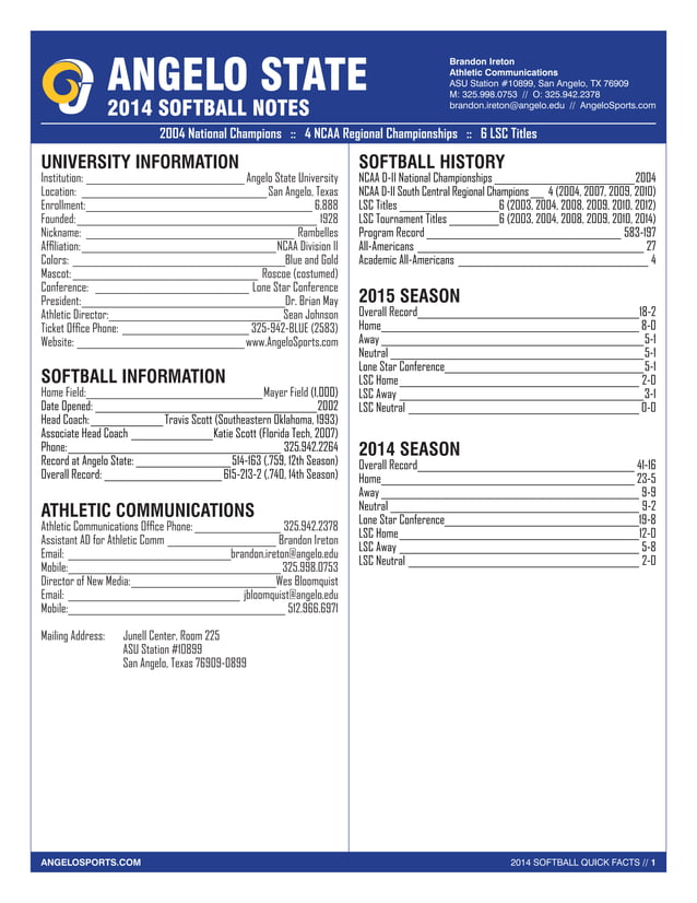 Angelo State Softball Notes (St. Mary's DH) | PDF