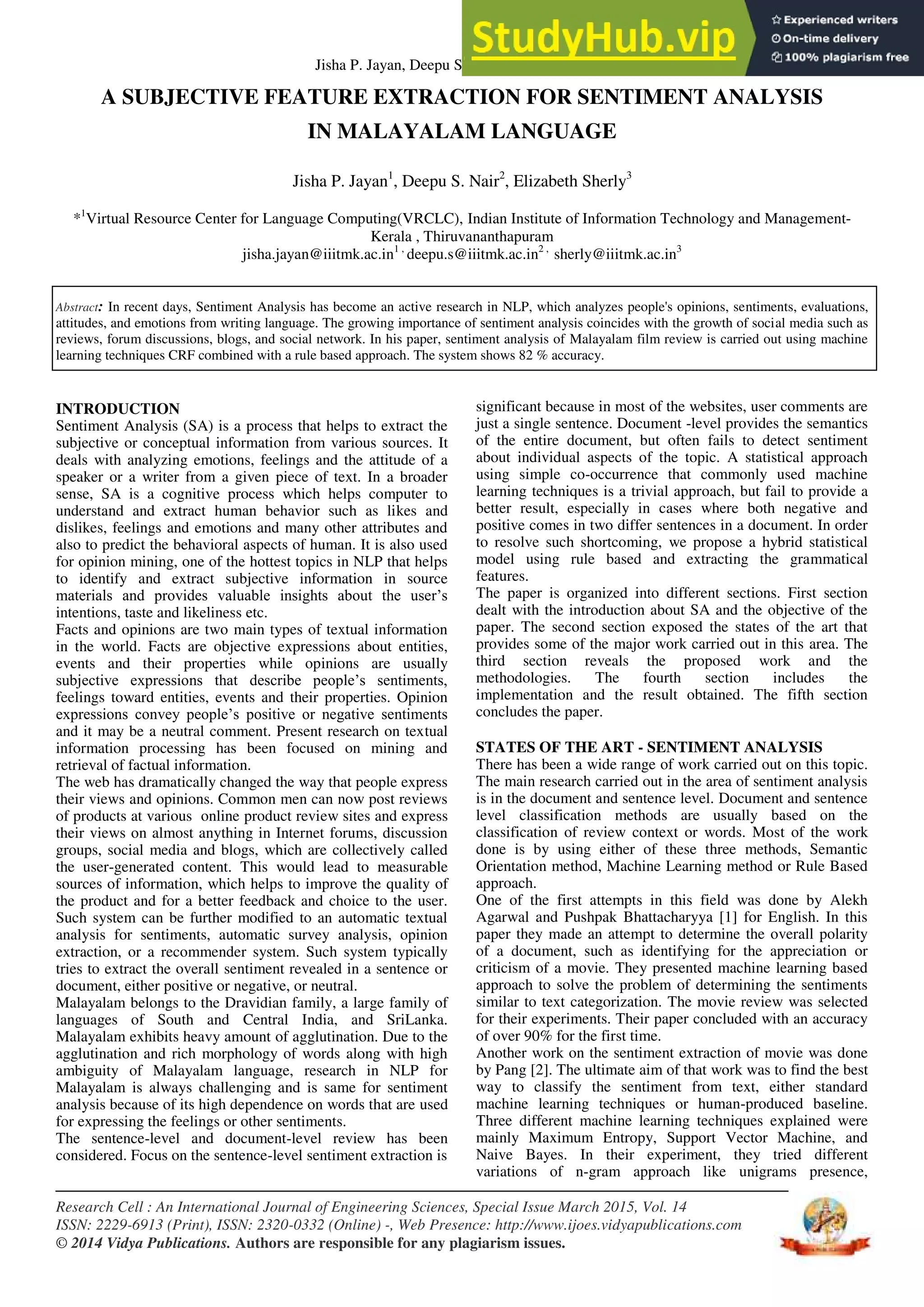 A Subjective Feature Extraction For Sentiment Analysis In Malayalam Language | PDF