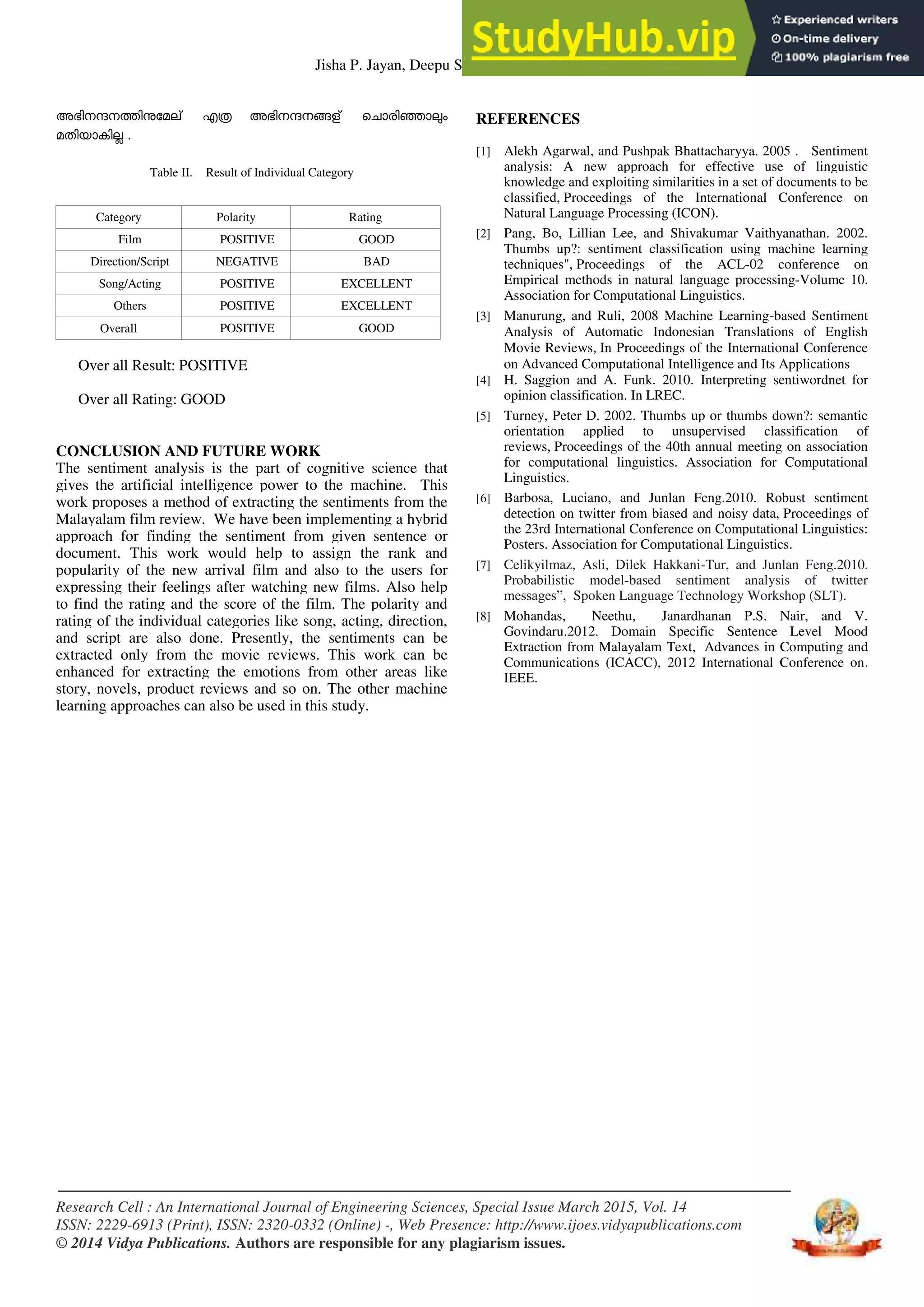 A Subjective Feature Extraction For Sentiment Analysis In Malayalam Language Pdf Technology
