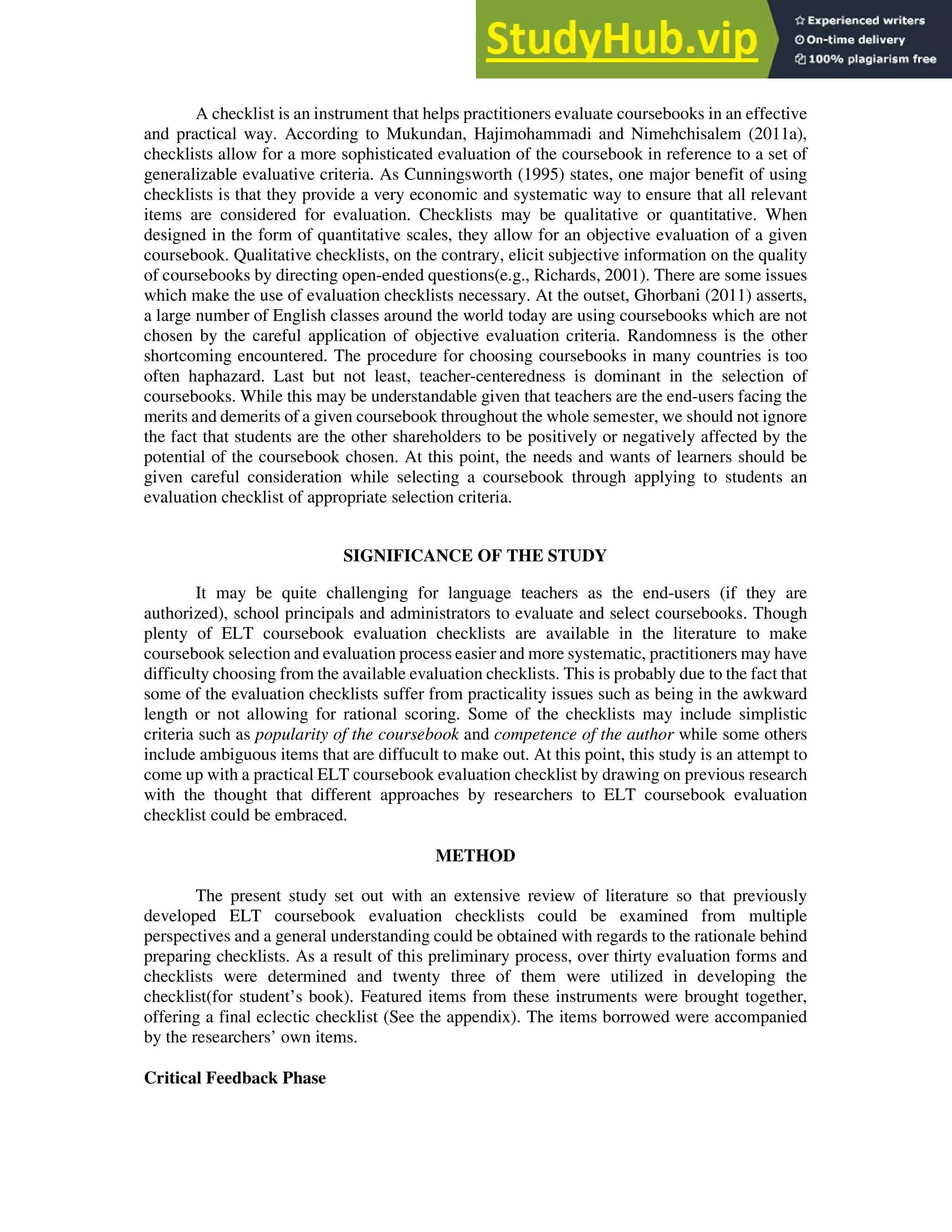 A Suggested Eclectic Checklist For ELT Coursebook Evaluation | PDF