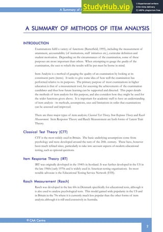 A Summary Of Methods Of Item Analysis | PDF