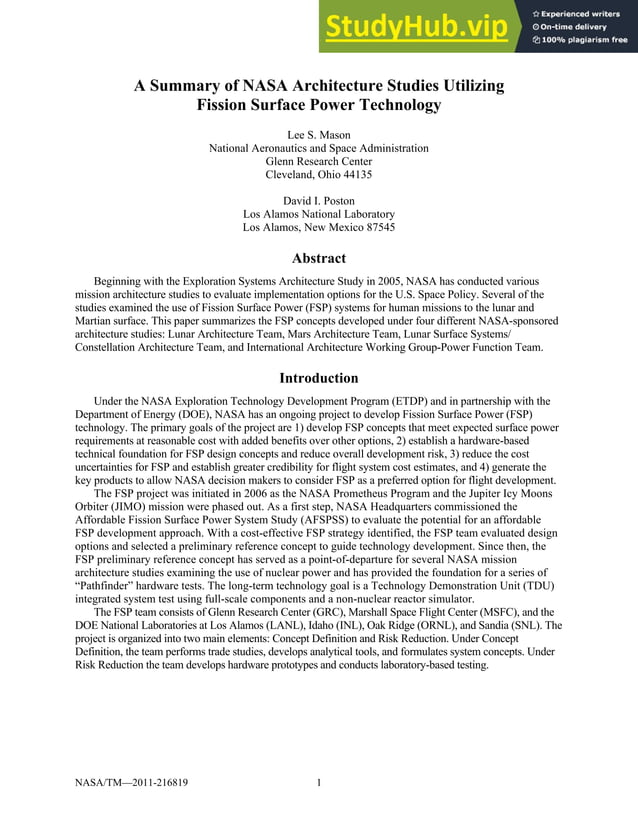 A Summary Of NASA Architecture Studies Utilizing Fission Surface Power ...