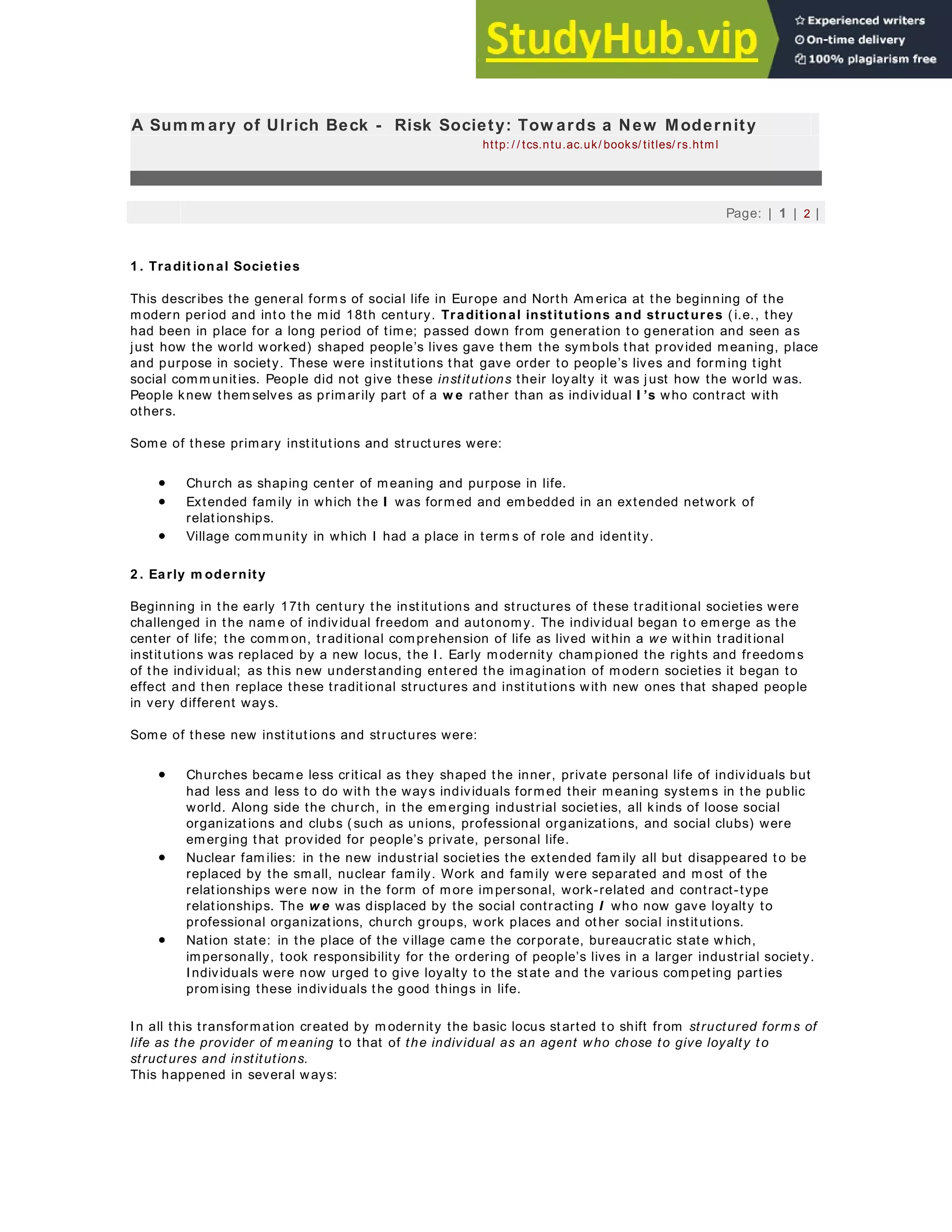 A Summary Of Ulrich Beck -Risk Society Towards A New Modernity | PDF