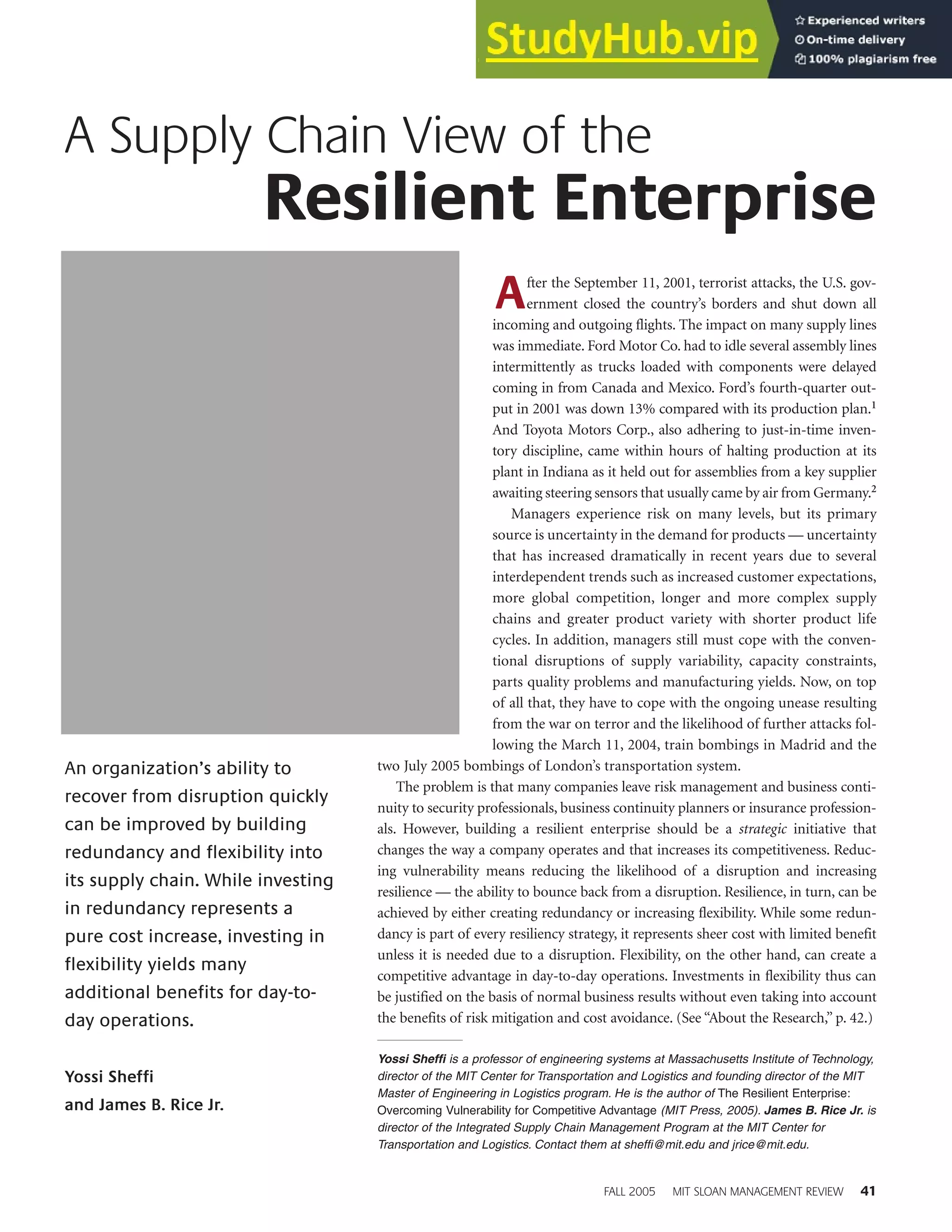 A Supply Chain View Of The Resilient Enterprise | PDF