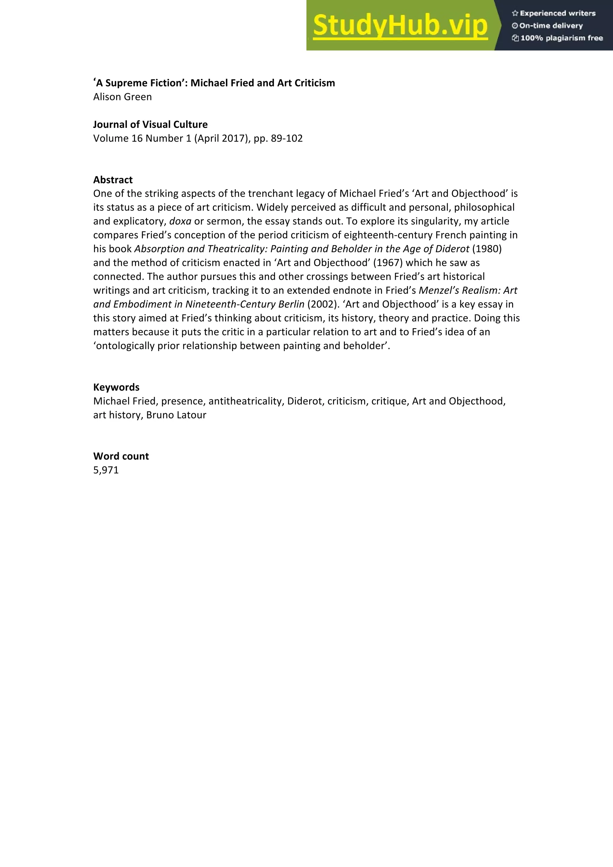 A Supreme Fiction Michael Fried And Art Criticism | PDF