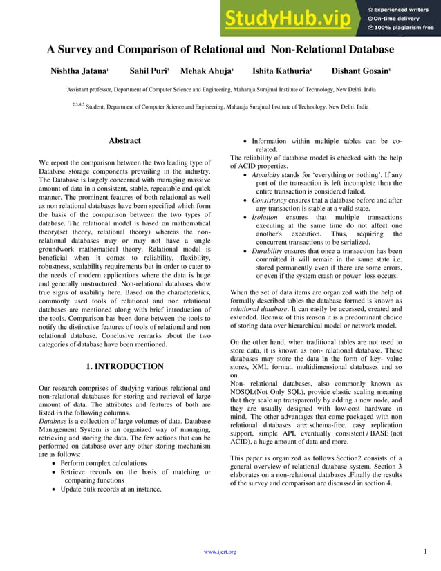 A Survey And Comparison Of Relational And Non-Relational Database | PDF | Databases | Computer ...