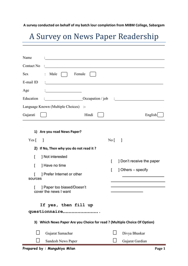 A survey on News Paper Readership Questionaire....... | PDF