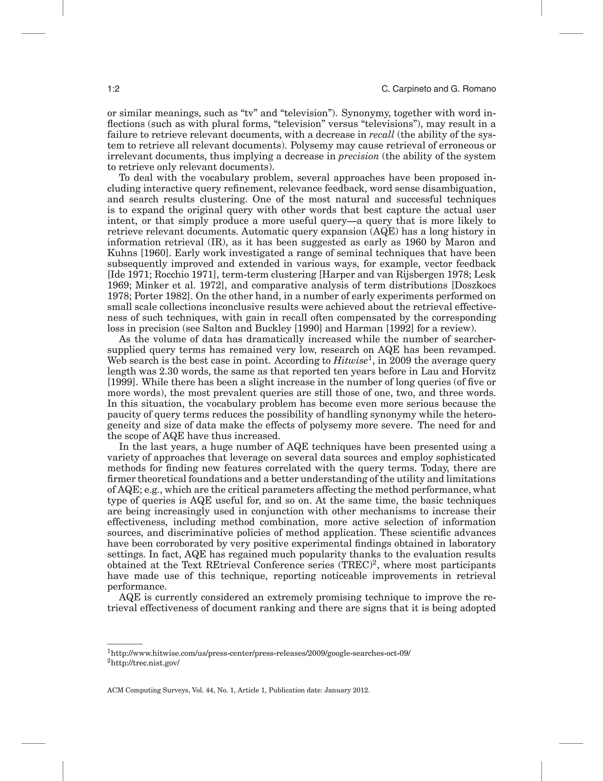 A survey of automatic query expansion in information retrieval | PDF