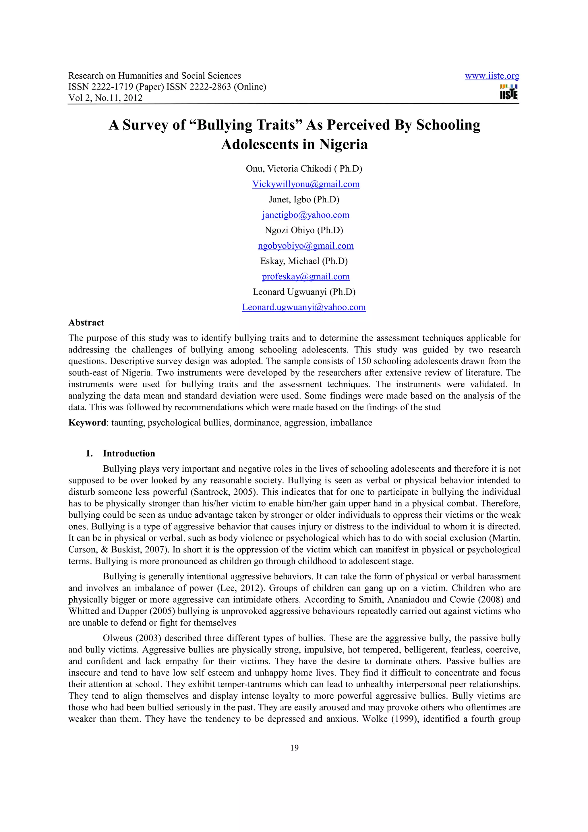 A survey of “bullying traits” as perceived by schooling adolescents in ...