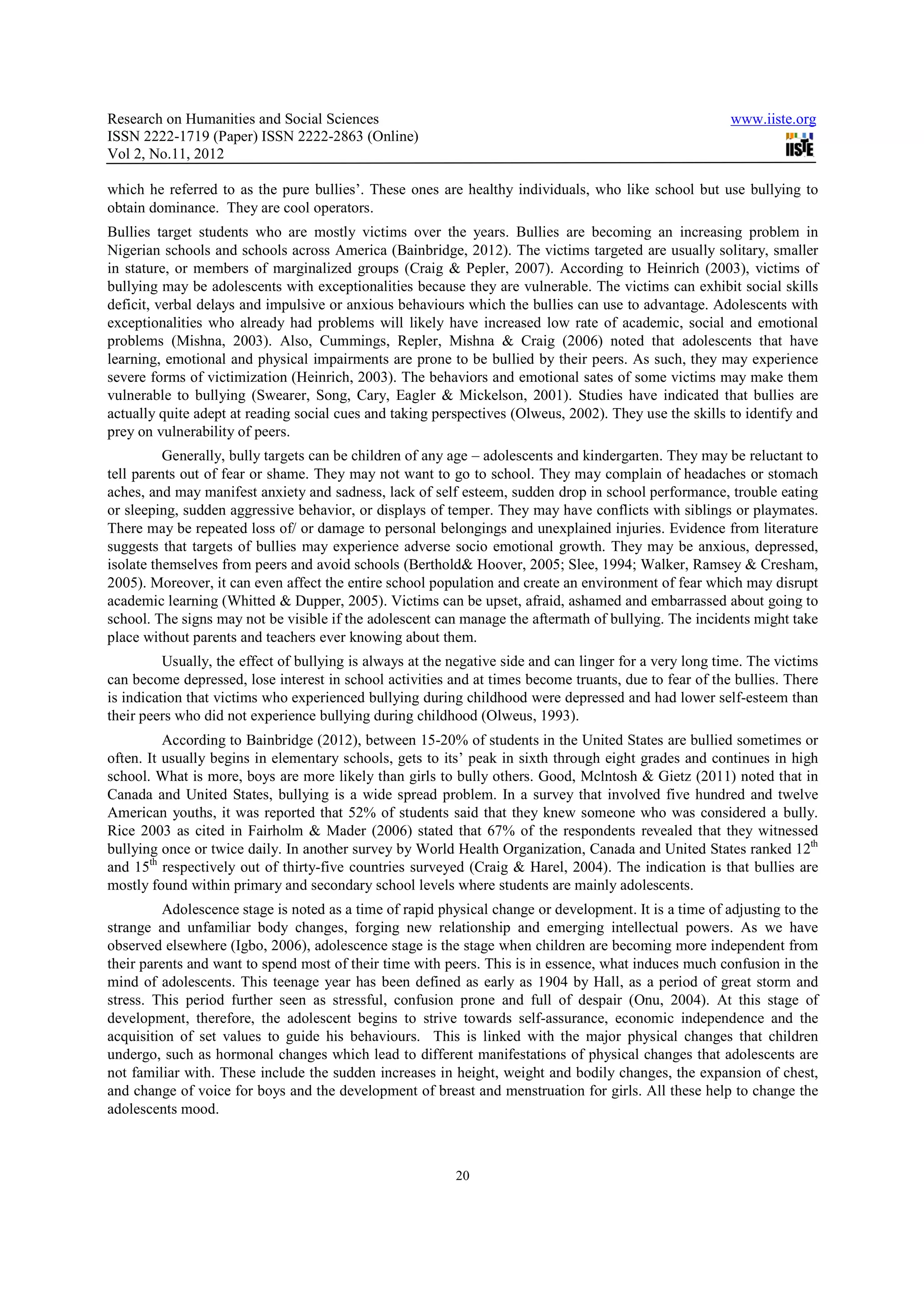 A survey of “bullying traits” as perceived by schooling adolescents in ...