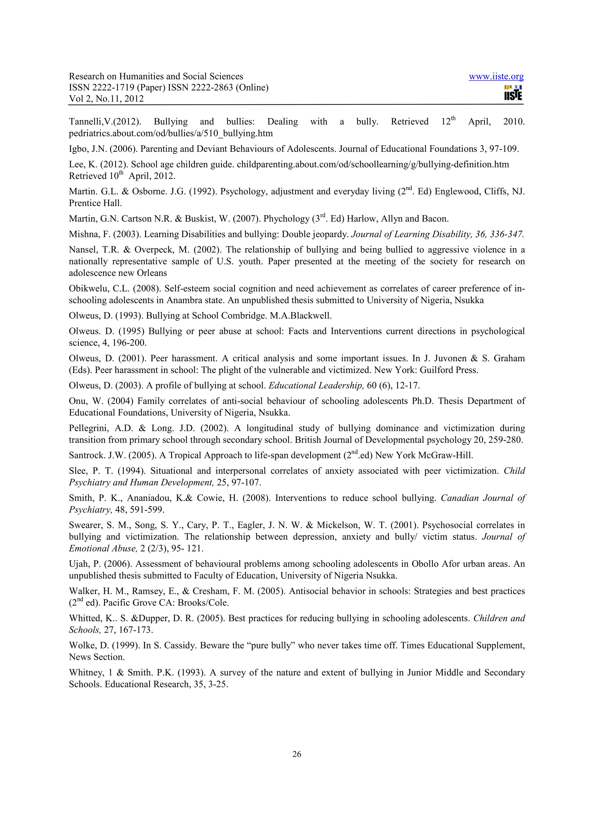 A survey of “bullying traits” as perceived by schooling adolescents in ...