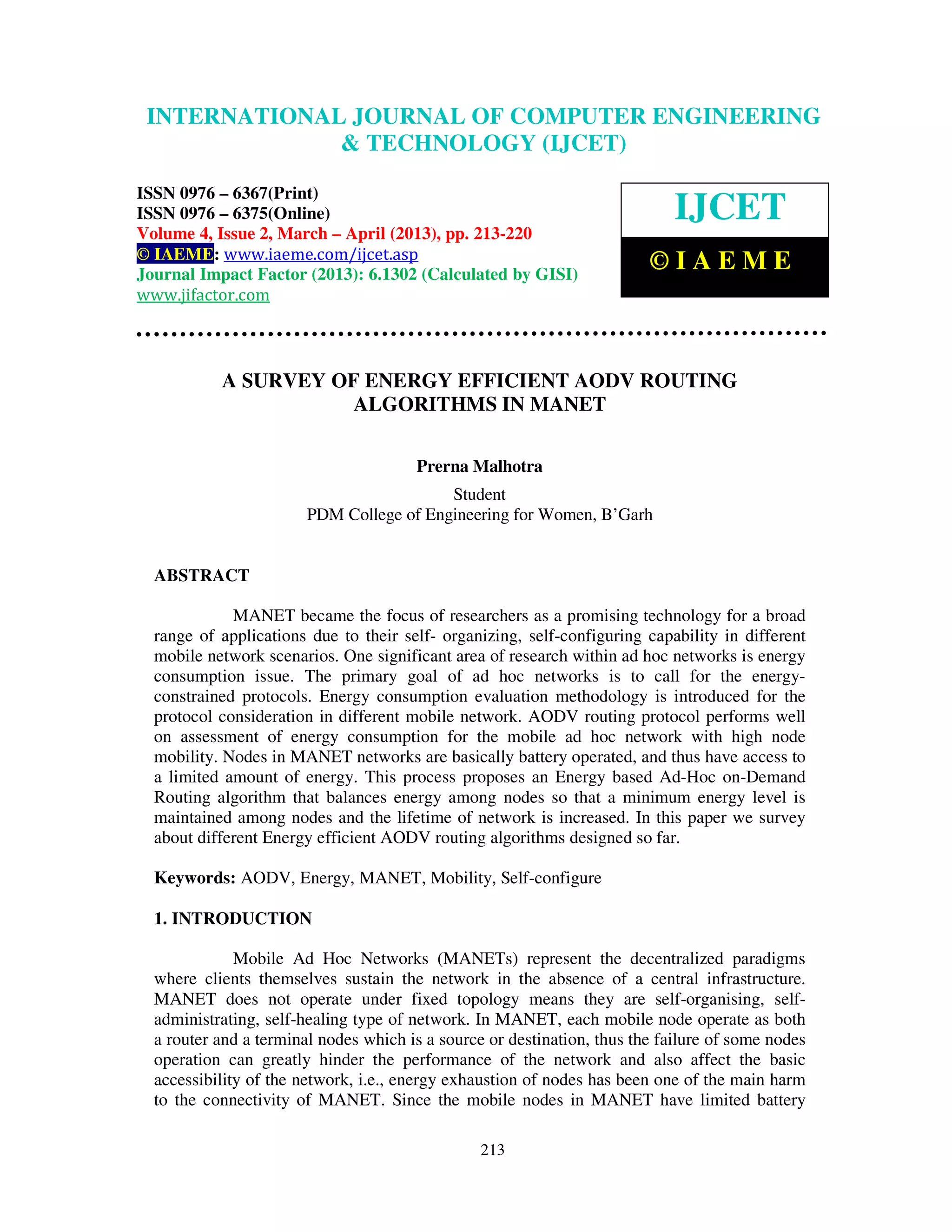 A Survey Of Energy Efficient Aodv Routing Algorithms In Manet Pdf