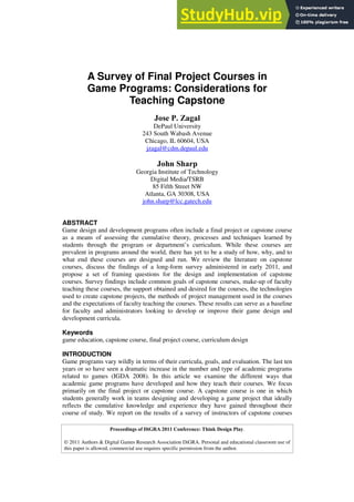 A Survey Of Final Project Courses In Game Programs Considerations For ...