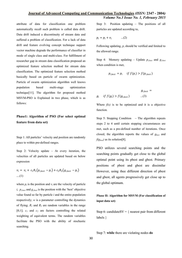 A survey of modified support vector machine using particle of swarm optimization for data ...