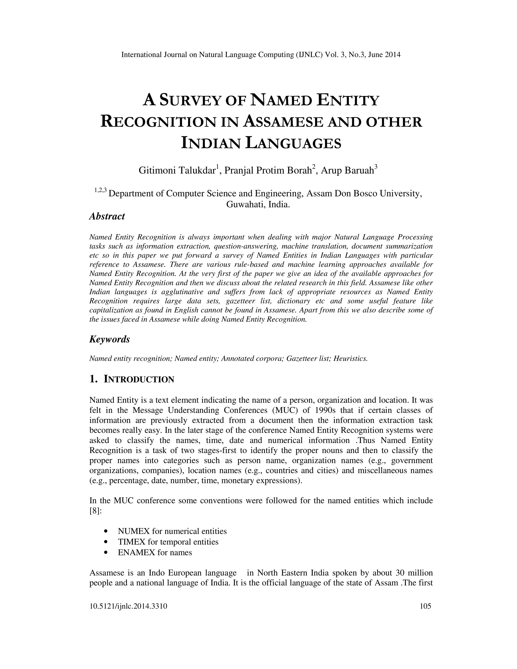 A survey of named entity recognition in assamese and other indian languages | PDF