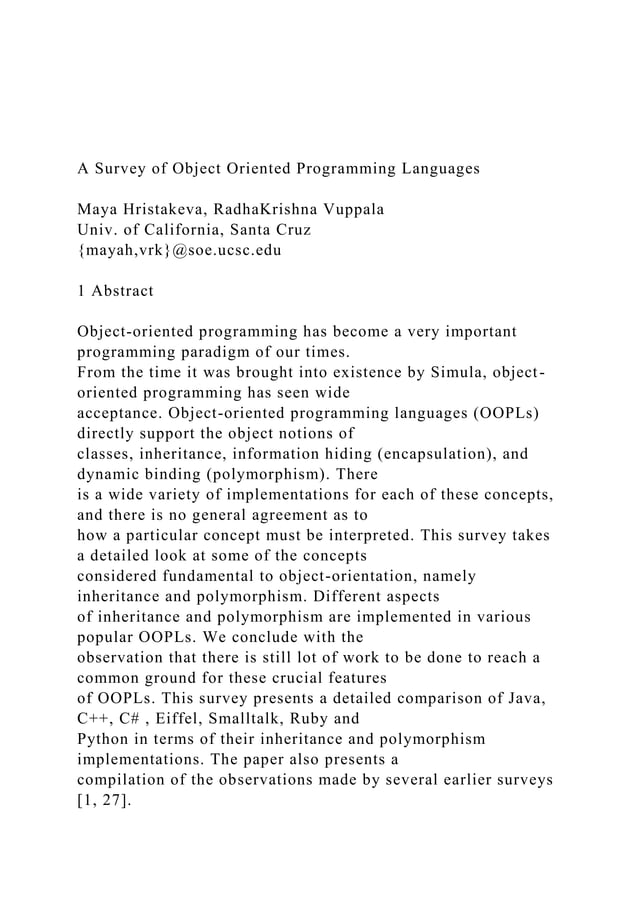 A Survey of Object Oriented Programming LanguagesMaya Hris.docx