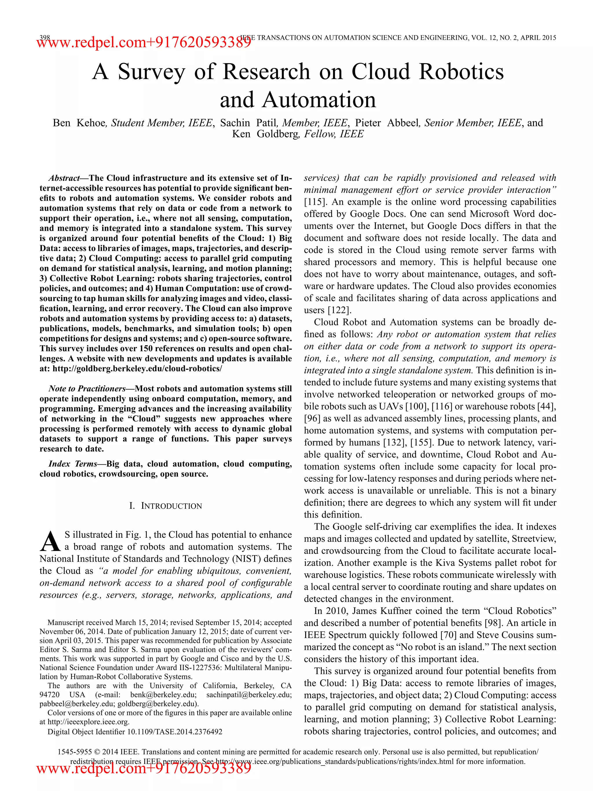 A survey of research on cloud robotics and automation | PDF