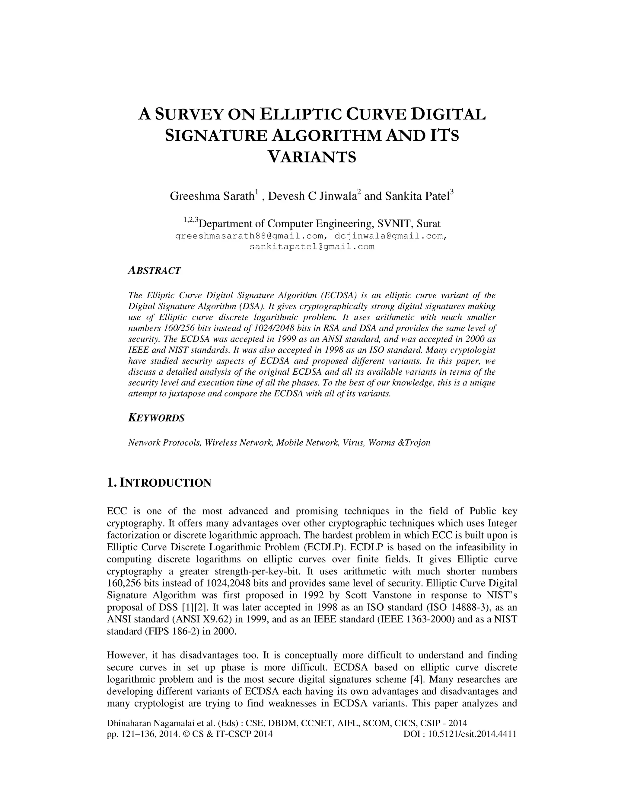A Survey On Elliptic Curve Digital Signature Algorithm And Its Variants Pdf