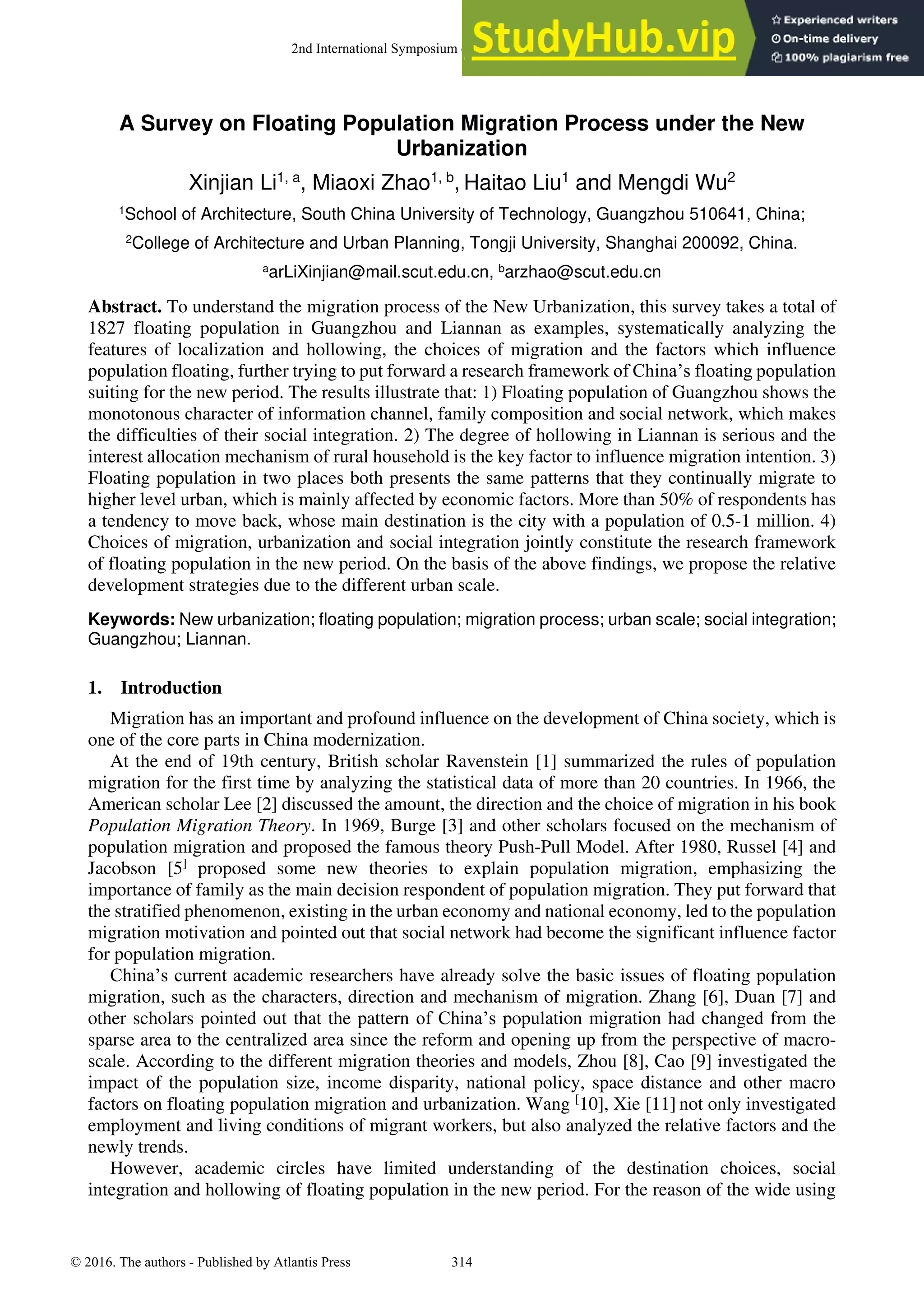 A Survey On Floating Population Migration Process Under The New Urbanization | PDF