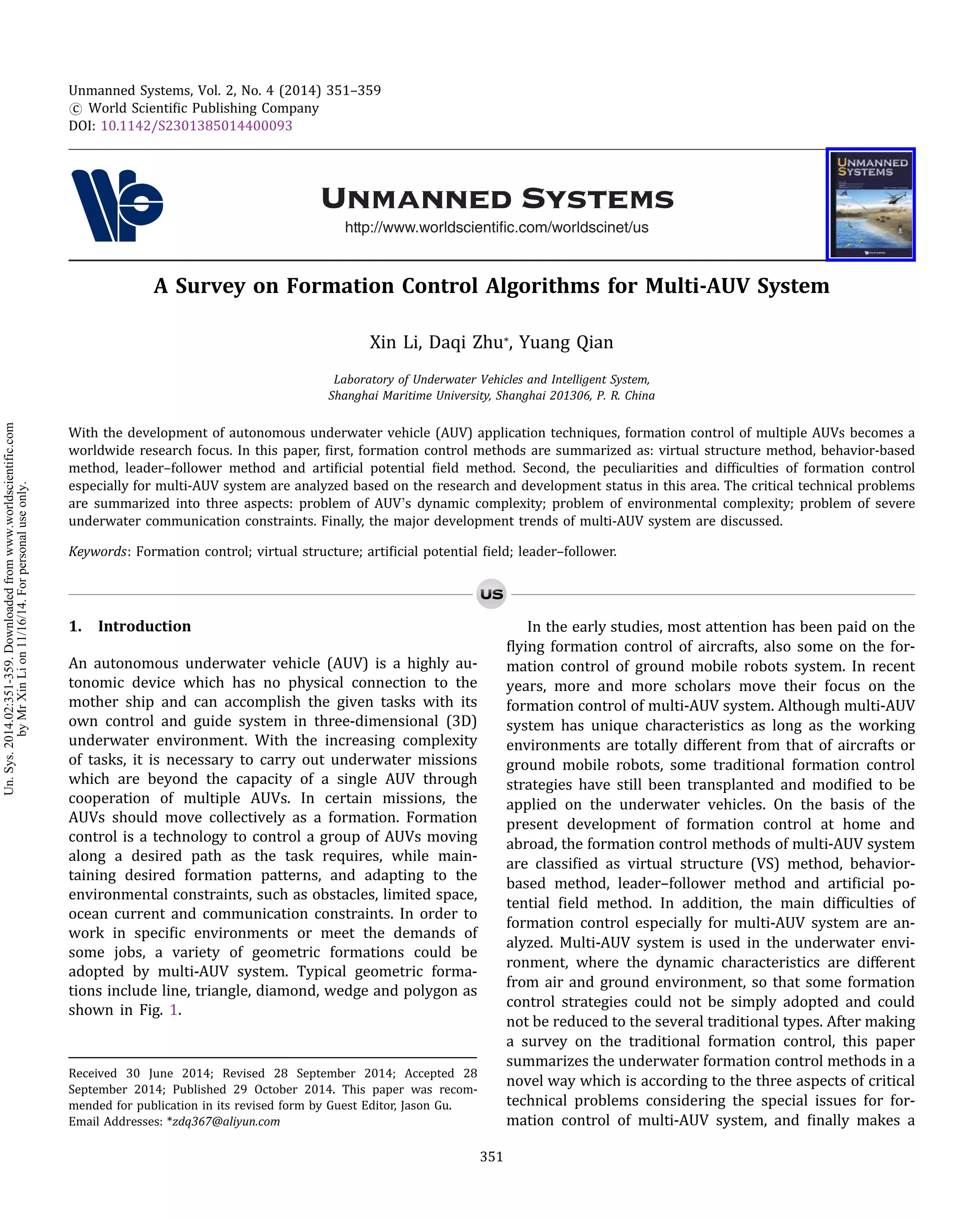 A survey on formation control algorithms for multi auv system | PDF