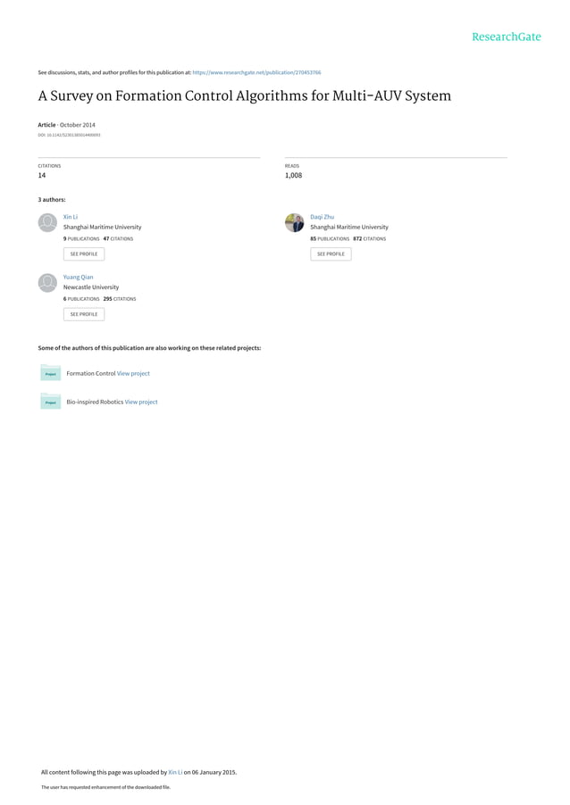 A survey on formation control algorithms for multi auv system | PDF