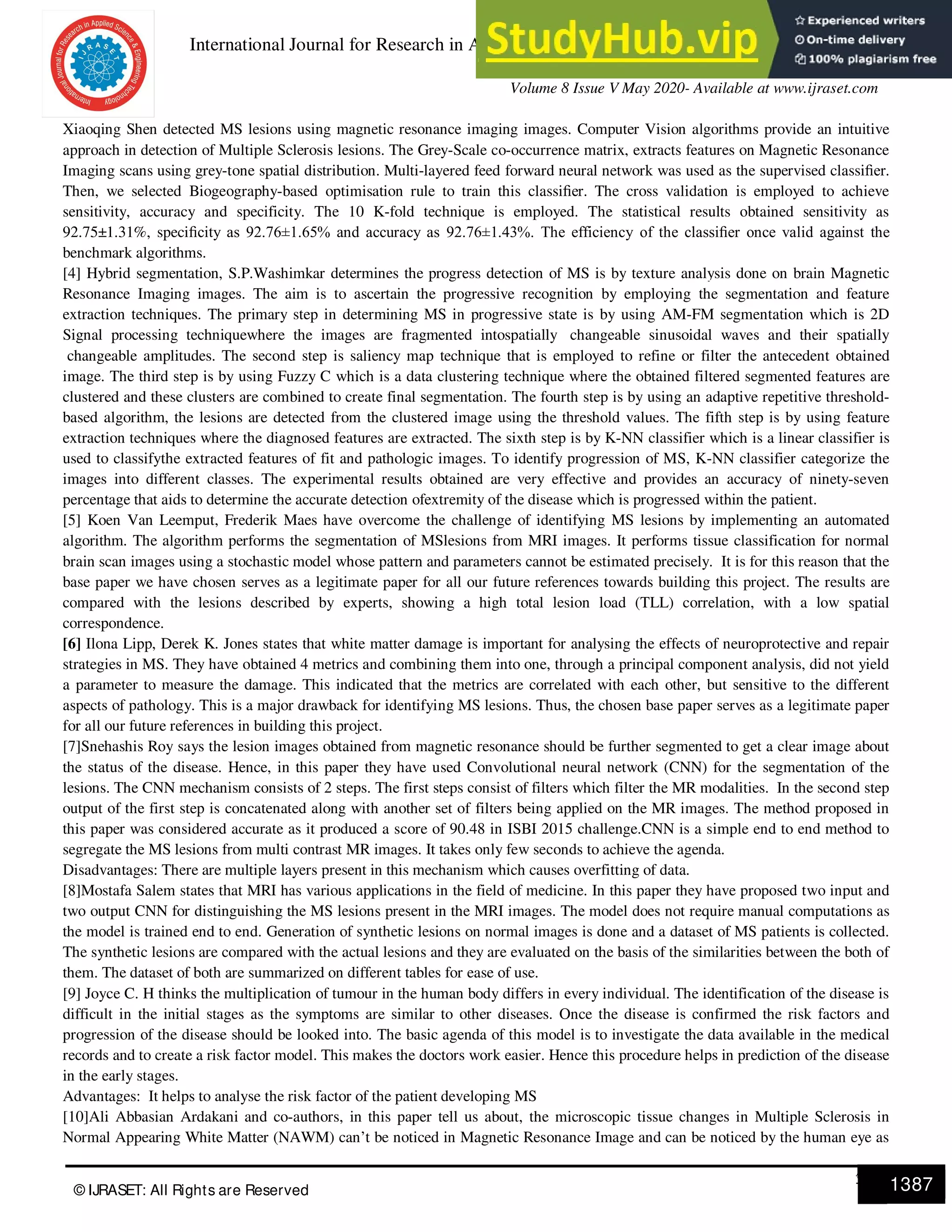 A Survey On Identification Of Multiple Sclerosis Lesions From Brain MRI | PDF