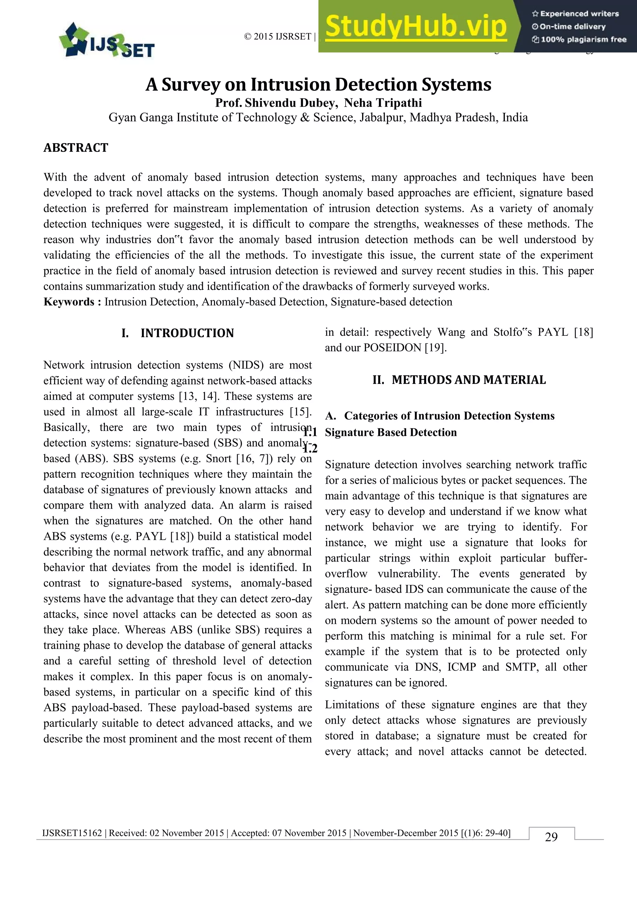 A Survey On Intrusion Detection Systems Pdf