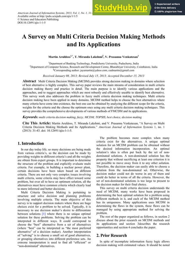 A Survey On Multi Criteria Decision Making Methods And Its Applications | PDF | Computer ...