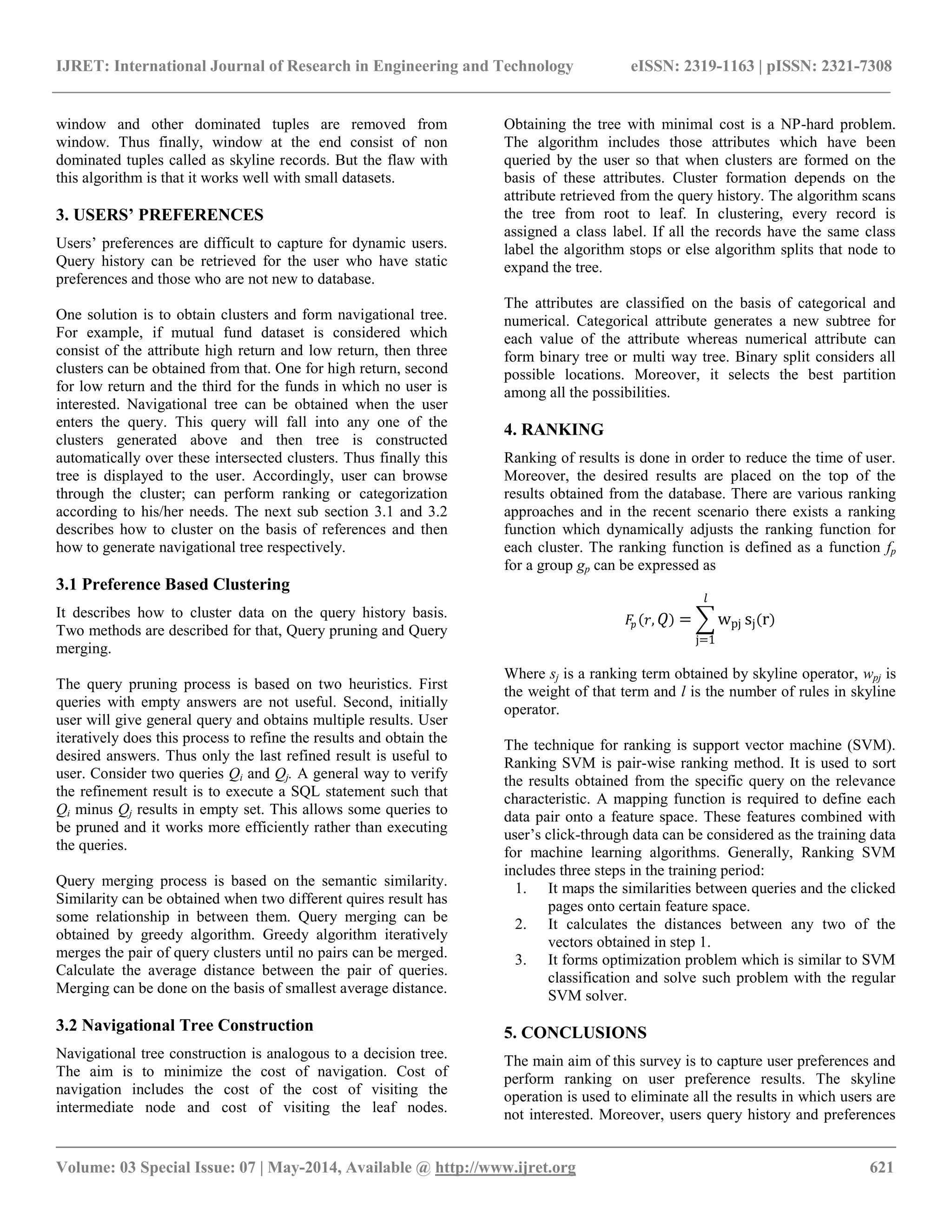 A Survey On Ranking Sql Queries Using Skyline And User Pdf