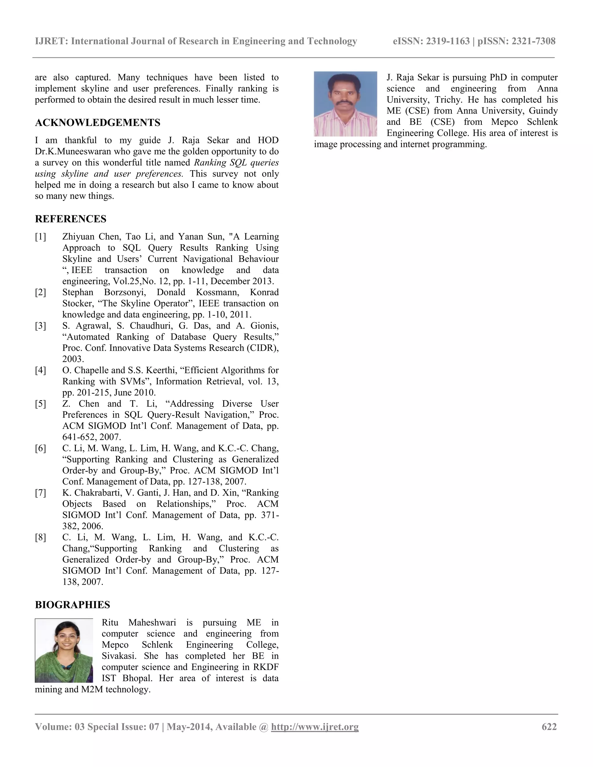 A Survey On Ranking Sql Queries Using Skyline And User Pdf