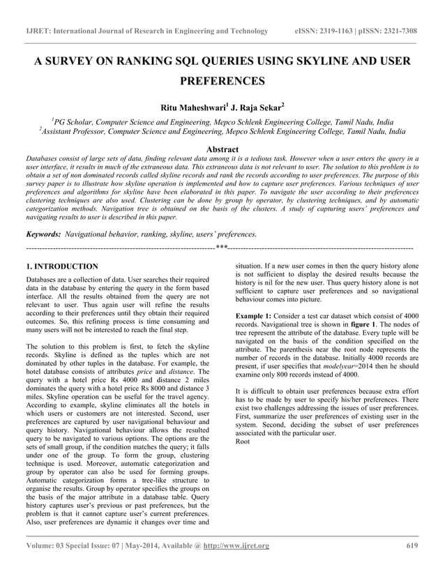 A survey on ranking sql queries using skyline and user | PDF