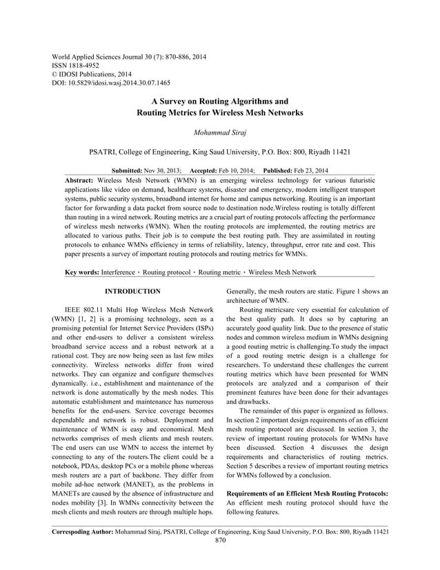A survey on routing algorithms and routing metrics for wireless mesh networks | PDF