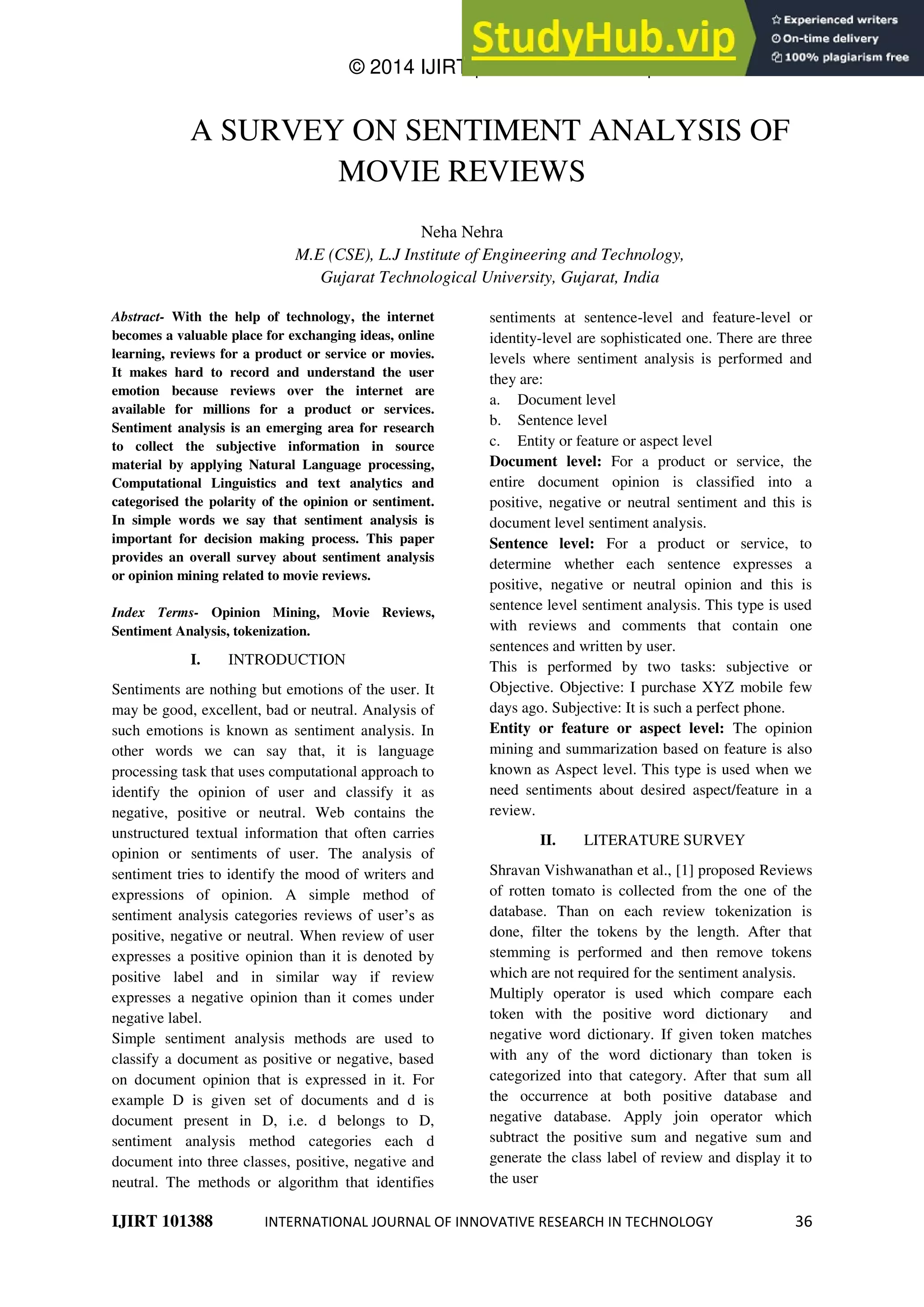 A Survey On Sentiment Analysis Of Movie Reviews | PDF