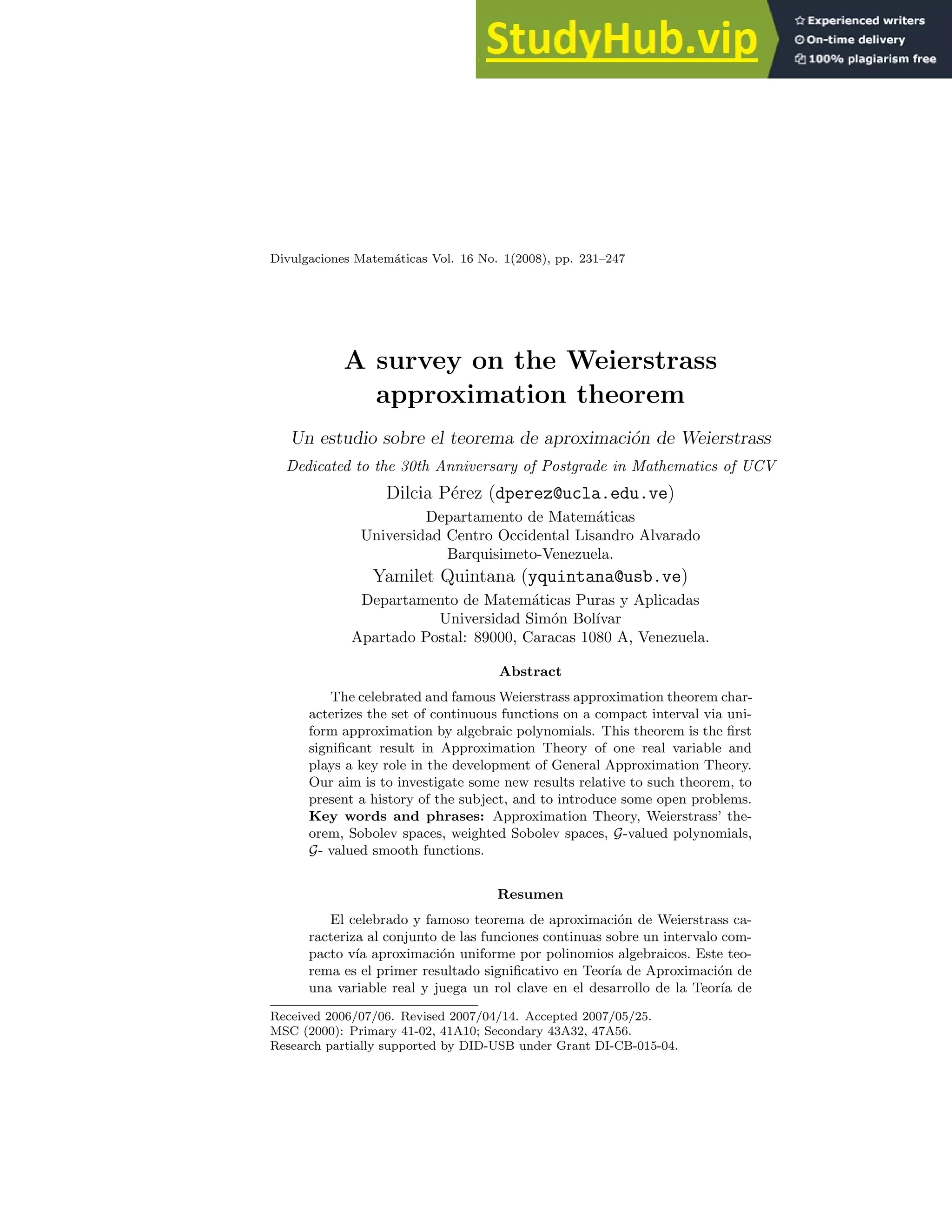 A Survey On The Weierstrass Approximation Theorem | PDF