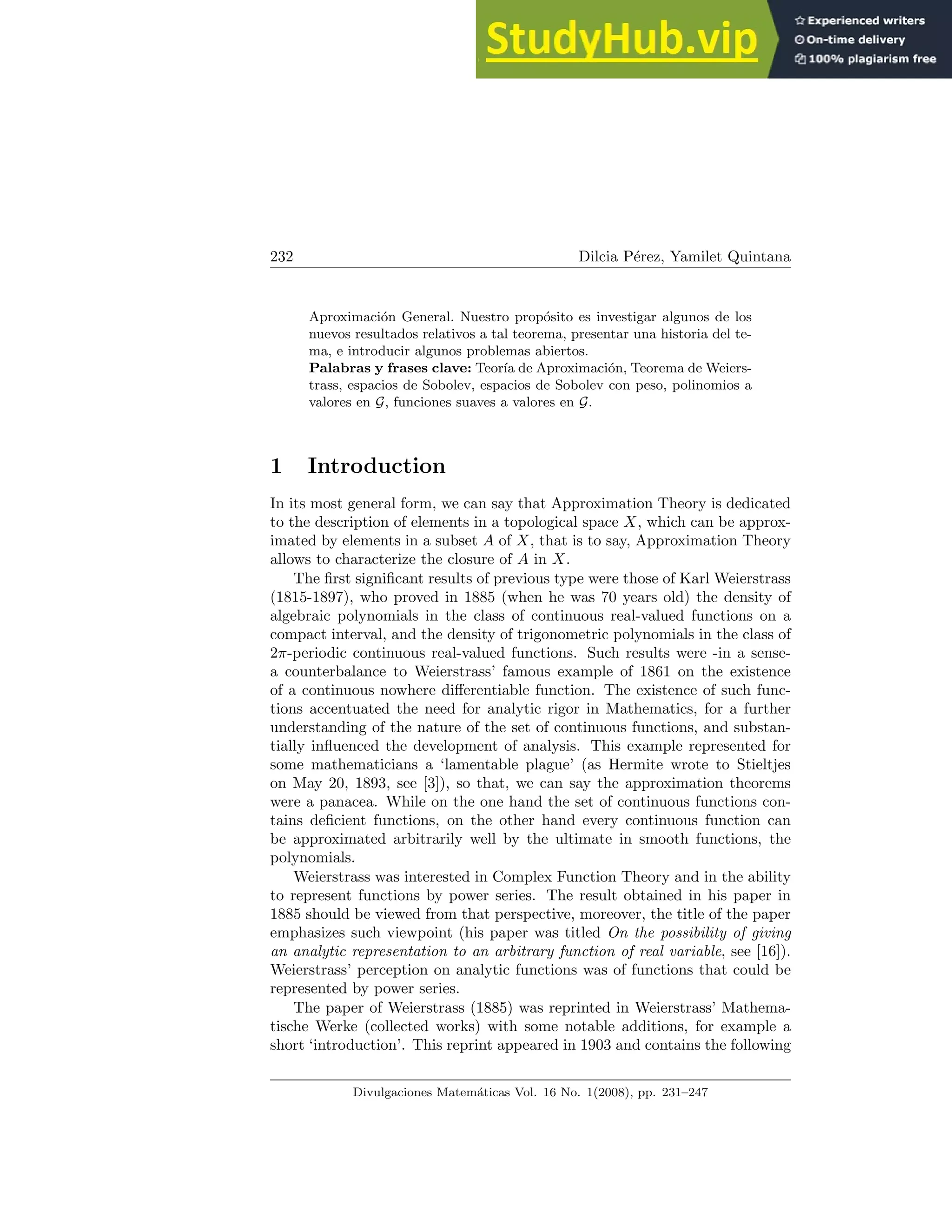 A Survey On The Weierstrass Approximation Theorem Pdf
