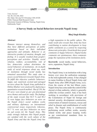 A Survey Study On Social Behaviors Towards Nepali Army | PDF