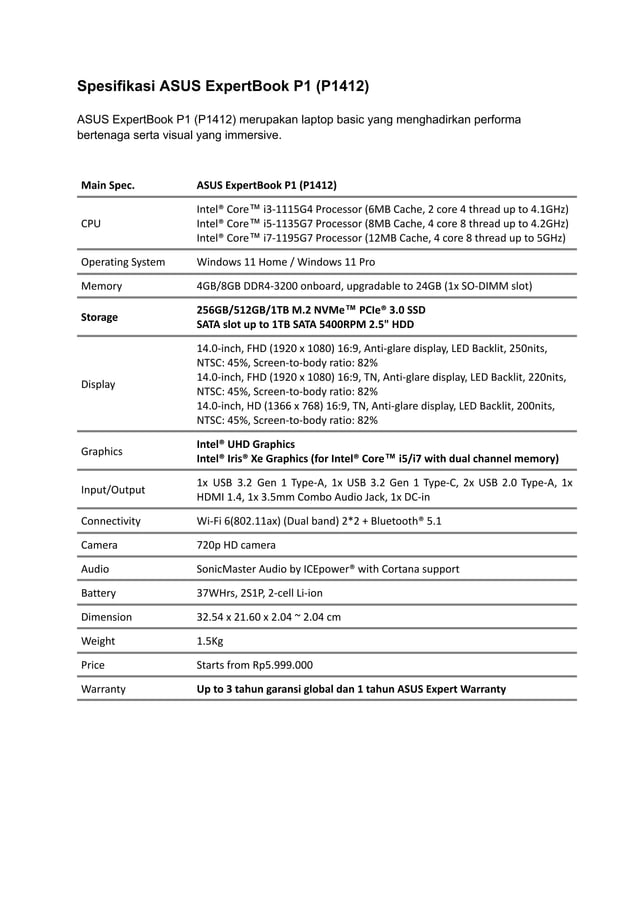 ASUS ExpertBook P1 (P1412) | PDF