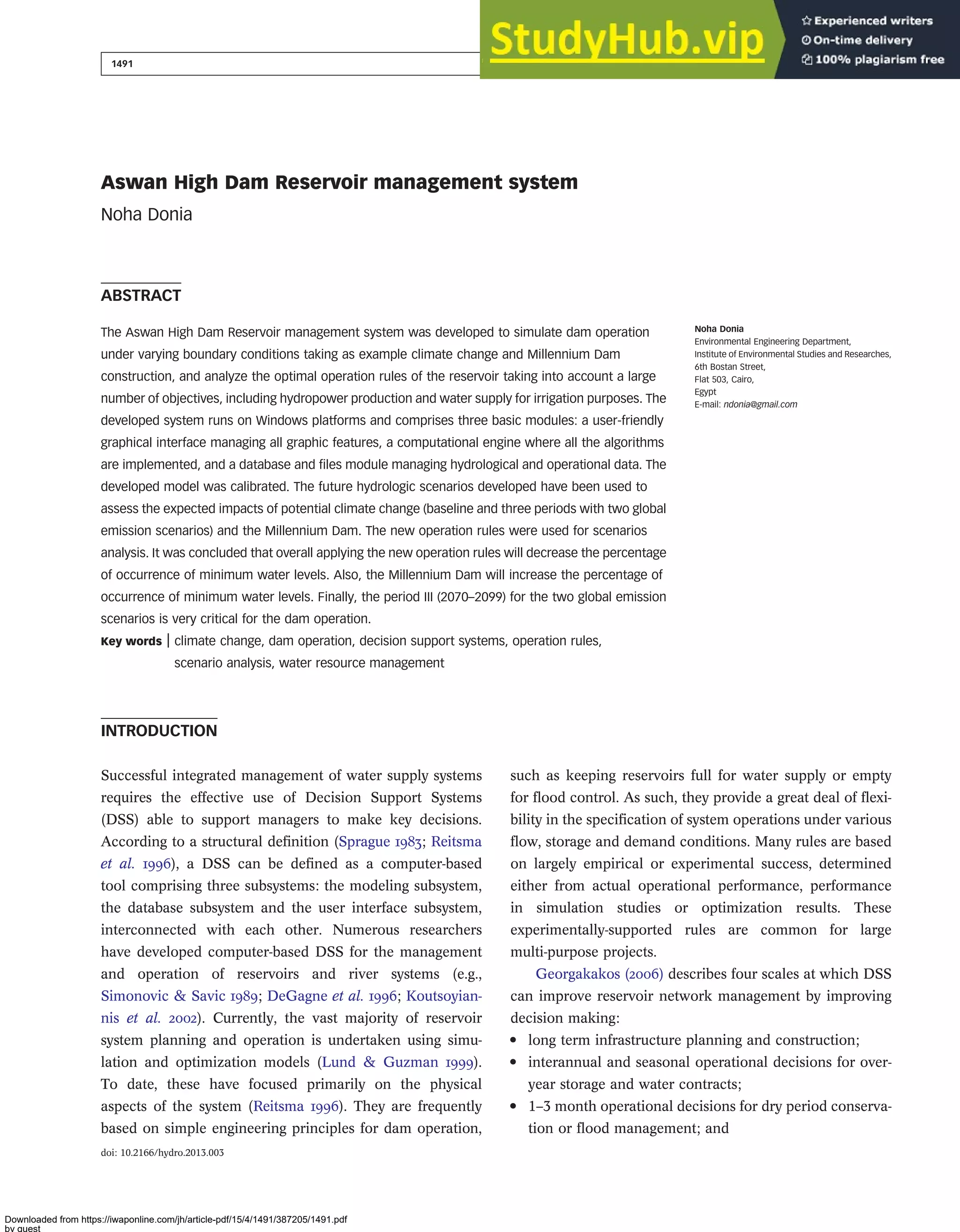 Aswan High Dam Reservoir Management System | PDF