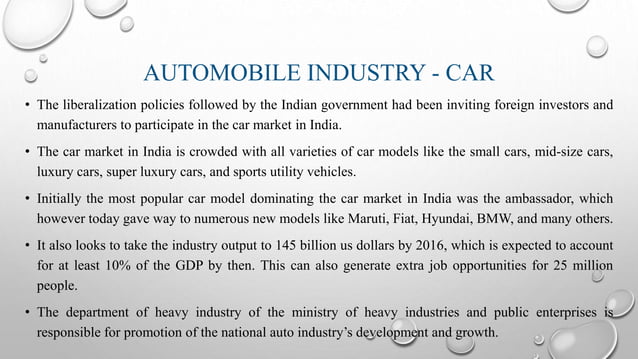 AUTOMOBILE INDUSTRY - CAR - INDUSTRY ANALYSIS | PPTX | Automotive ...