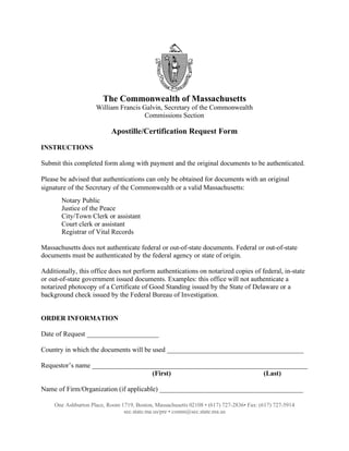 Apostille Authentication Form For Apostille Services In Boston MA | PDF