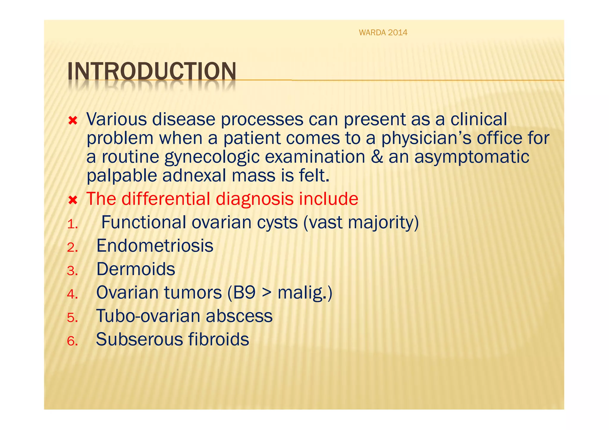 Asymptomatic palpable adnexal masses: ultrasound evaluation- warda | PPT