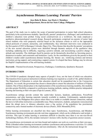 Asynchronous Distance Learning Parents’ Purview | IJRISS | PDF