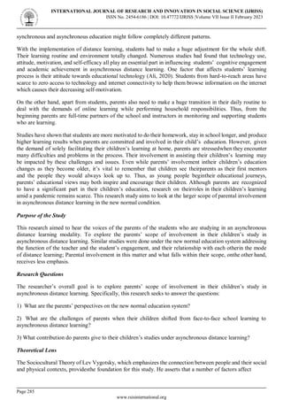 Asynchronous Distance Learning Parents’ Purview | IJRISS | PDF