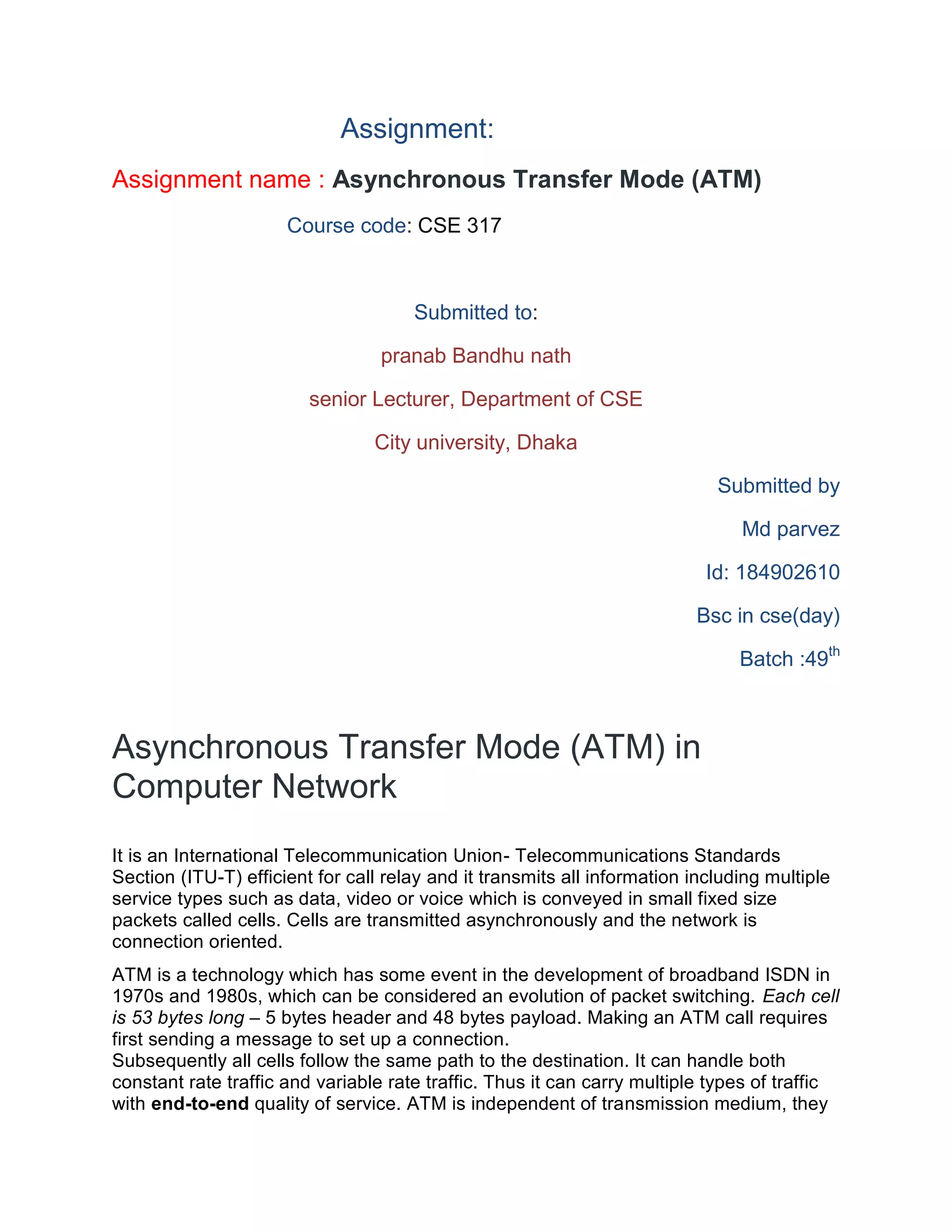 Asynchronous transfer mode (atm) | PDF